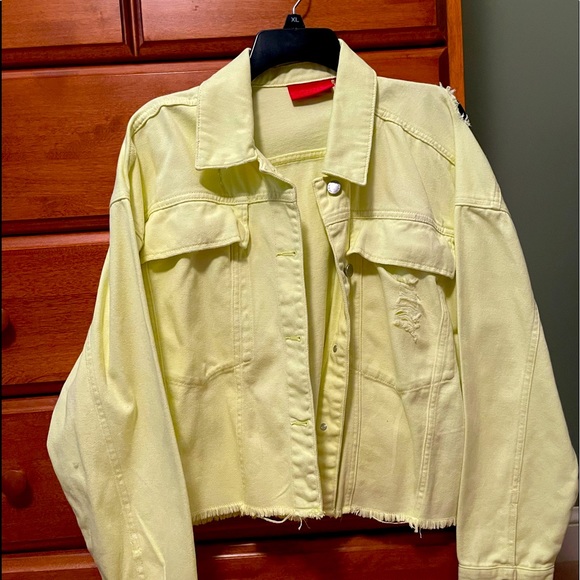 JEANNE PIERRE | Jackets & Coats | Distressed Light Yellow Jean Jacket ...